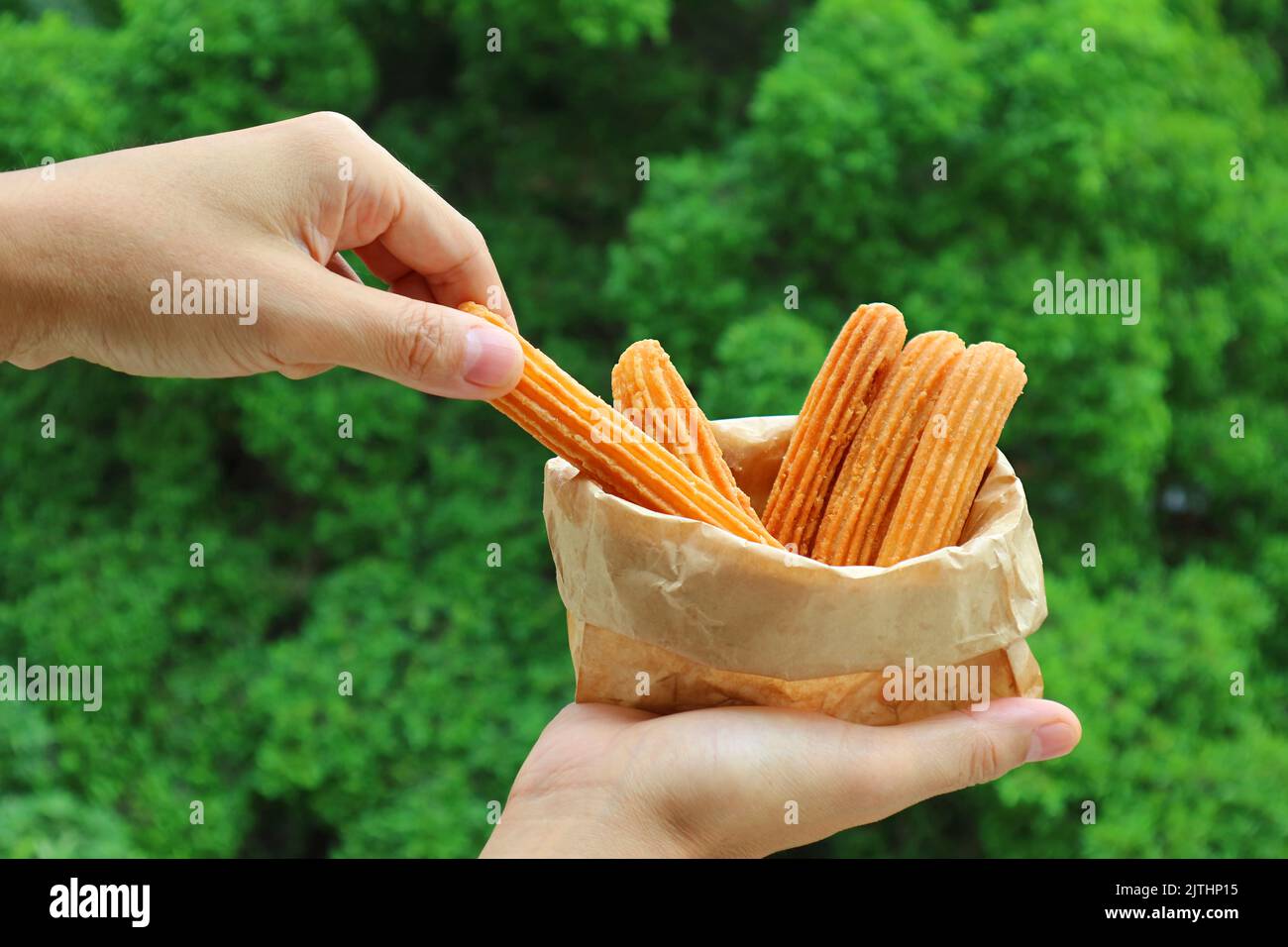 Hand Picking a Stick of Delectable Churro from Paper Bag Stock Photo ...