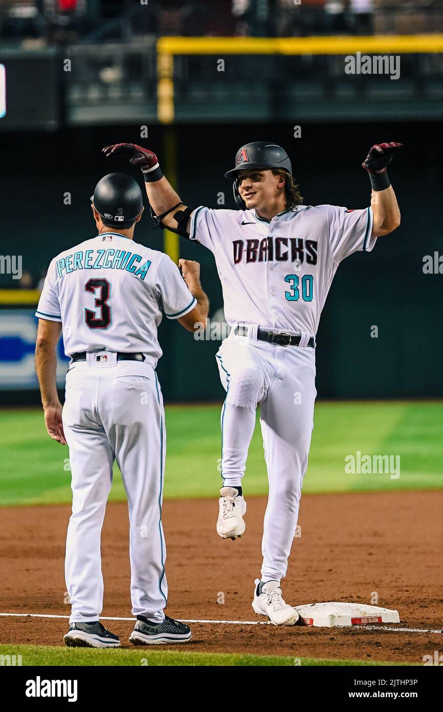 Arizona Diamondbacks designated hitter Jake McCarthy (30) celebrates at ...