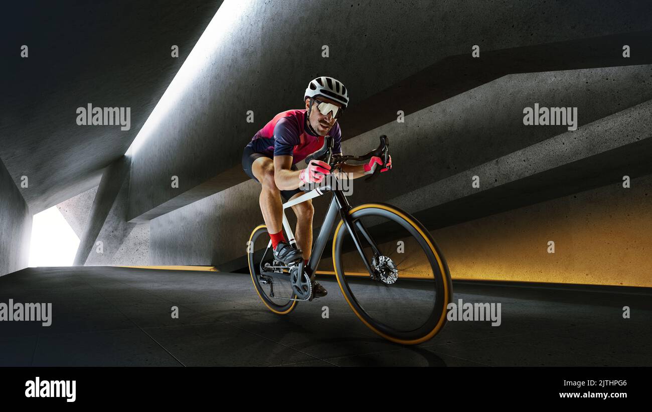 Portrait of man, professional cyclist training, riding on professional ...