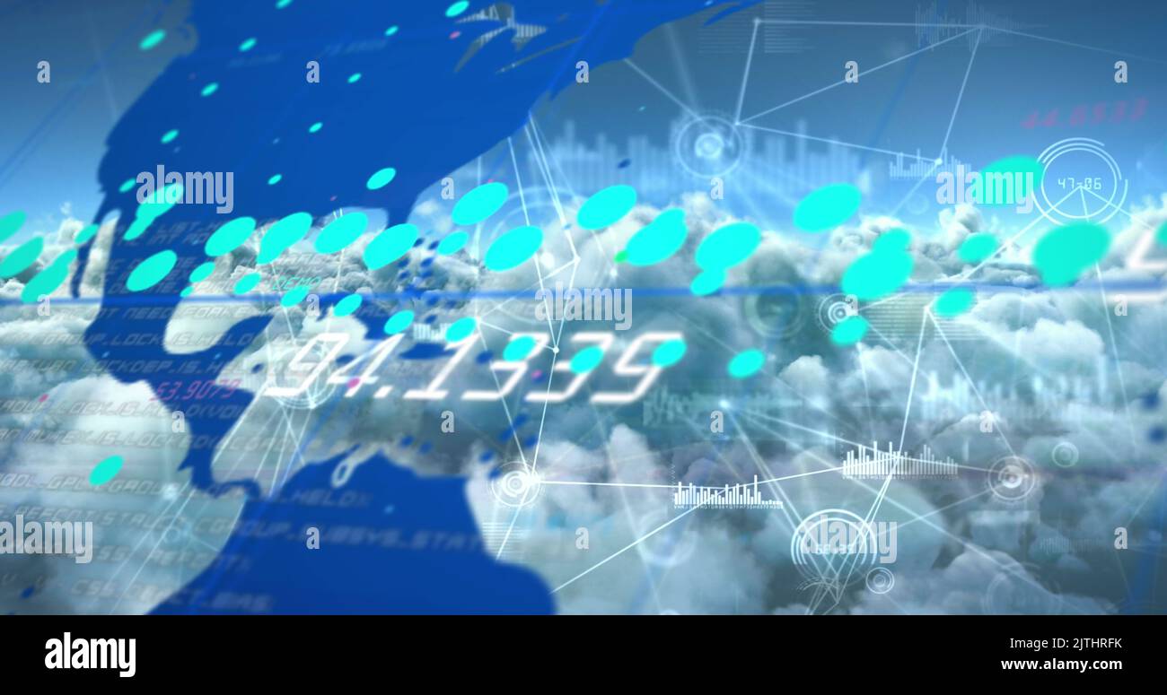 Image of graph, world map and network processing data over blue cloudy ...