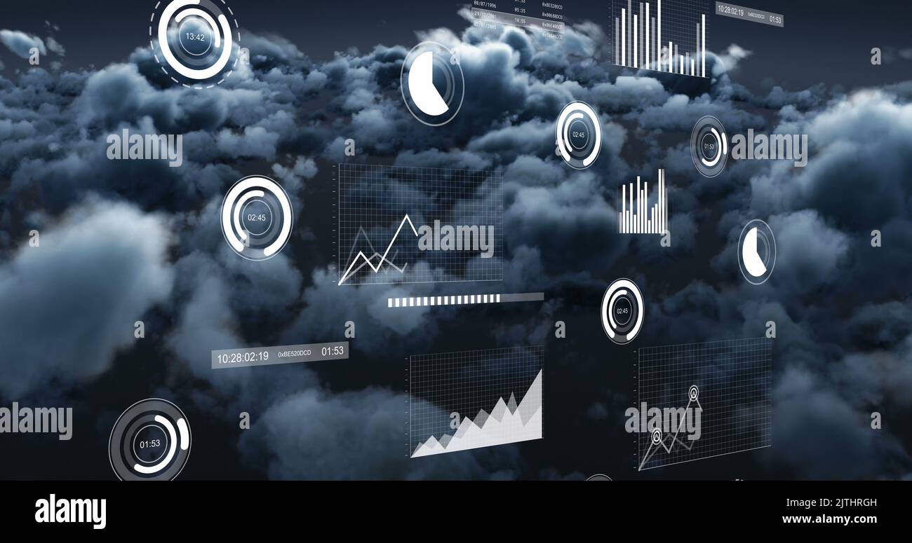 Image of charts and data processing over grey cloudy sky Stock Photo ...