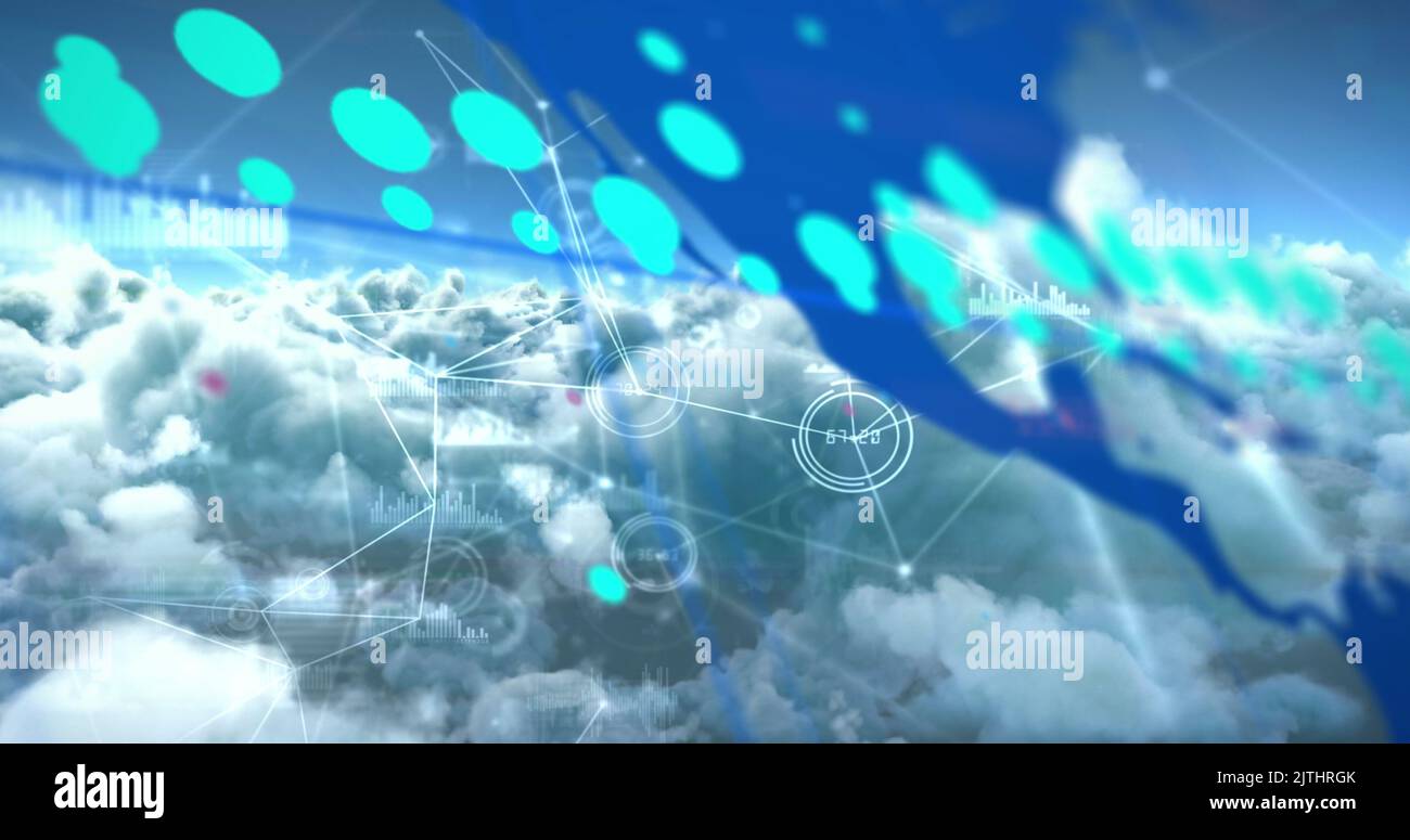 Image of graph, world map and network processing data over blue cloudy ...