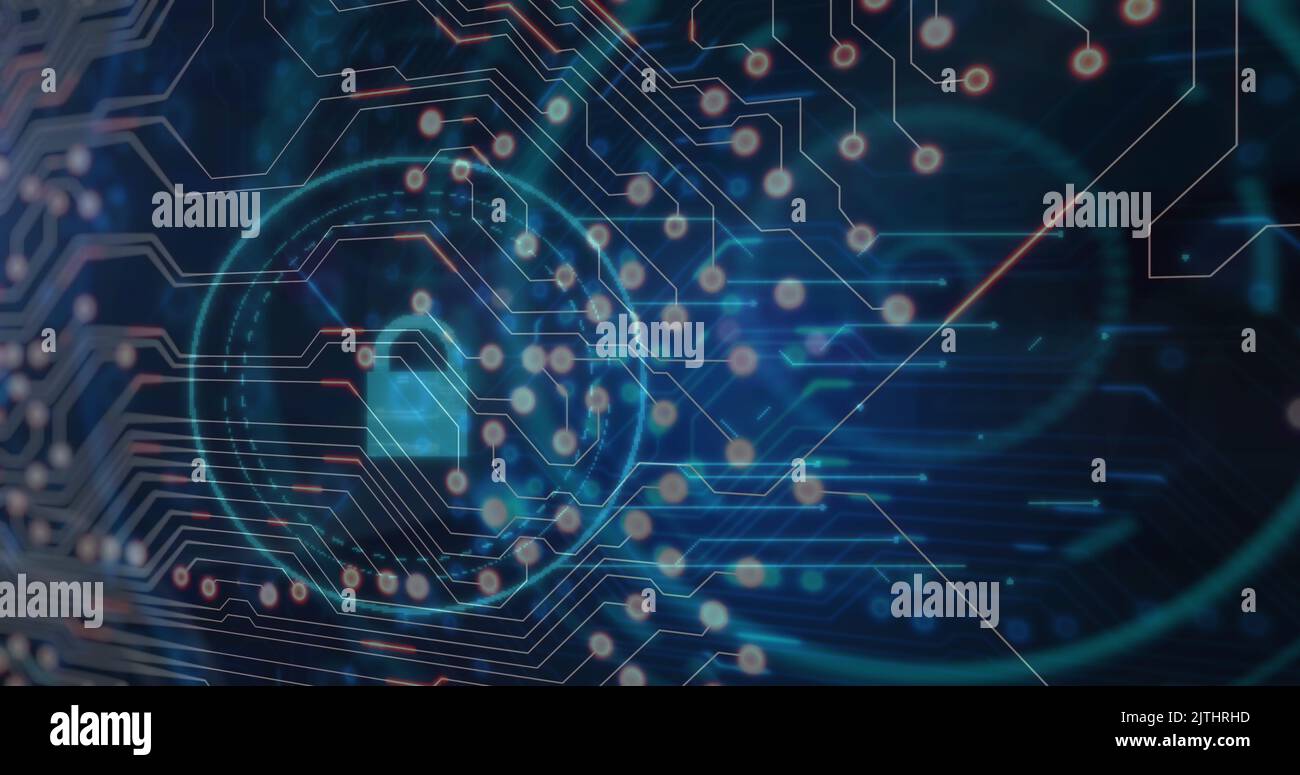 Image Of Computer Circuit Board Over Scope Scanning And Padlock Icon On Black Background Stock