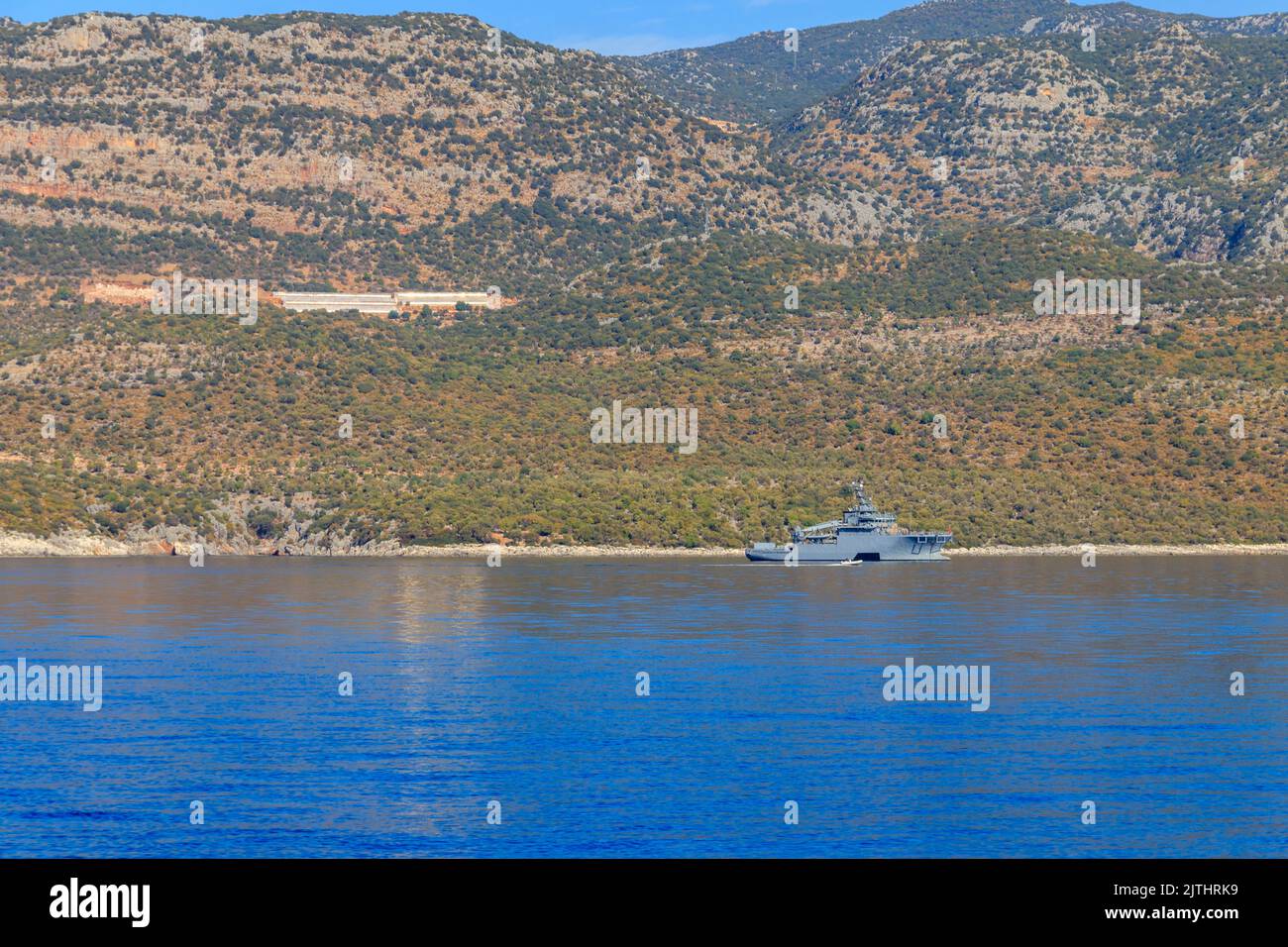 Turkish navy warship sailing in the Mediterranean sea. Protection of ...