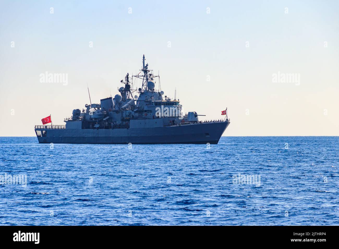 Turkish navy warship sailing in the Mediterranean sea. Protection of ...