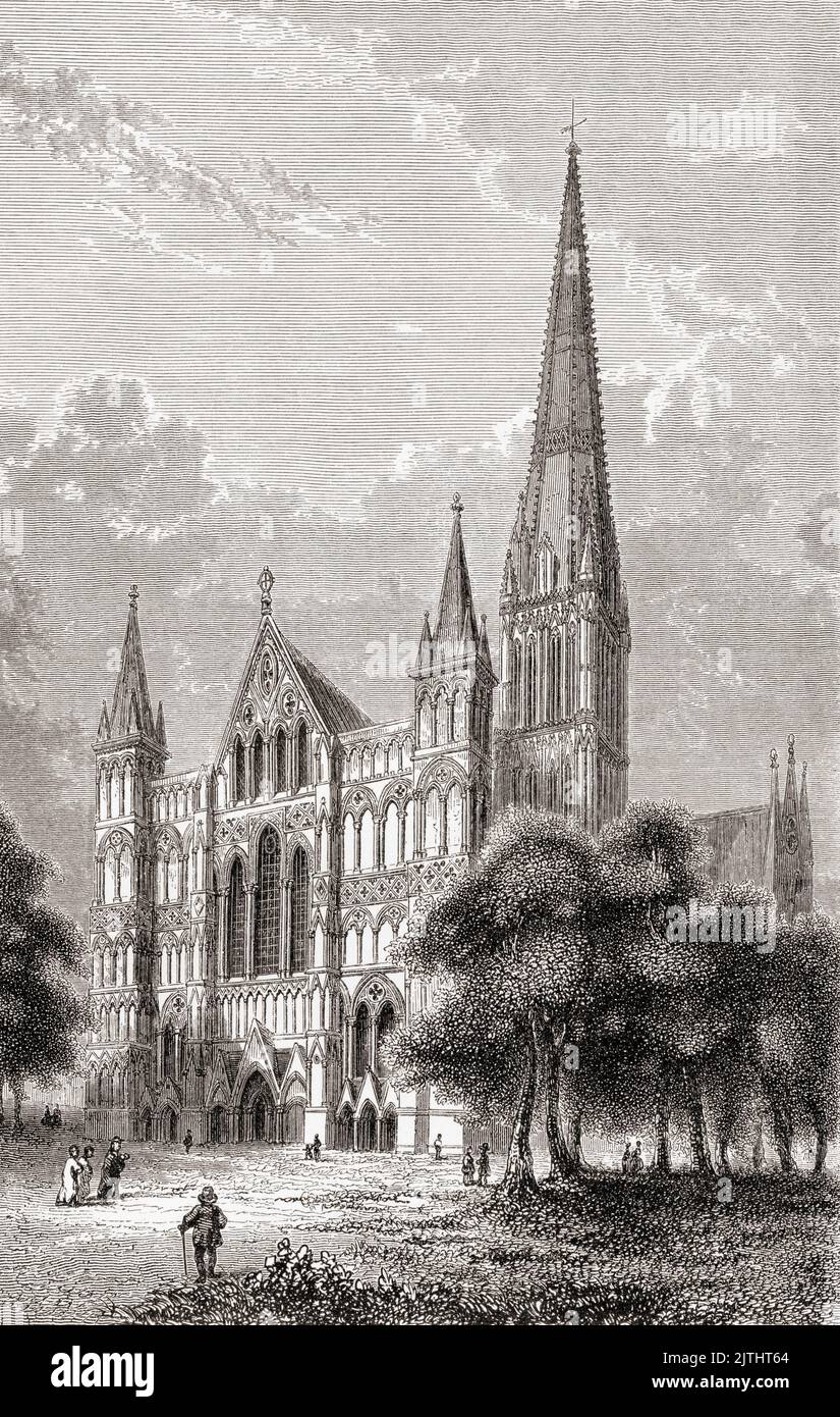 Salisbury Cathedral, Salisbury, England, seen here in the 19th century ...