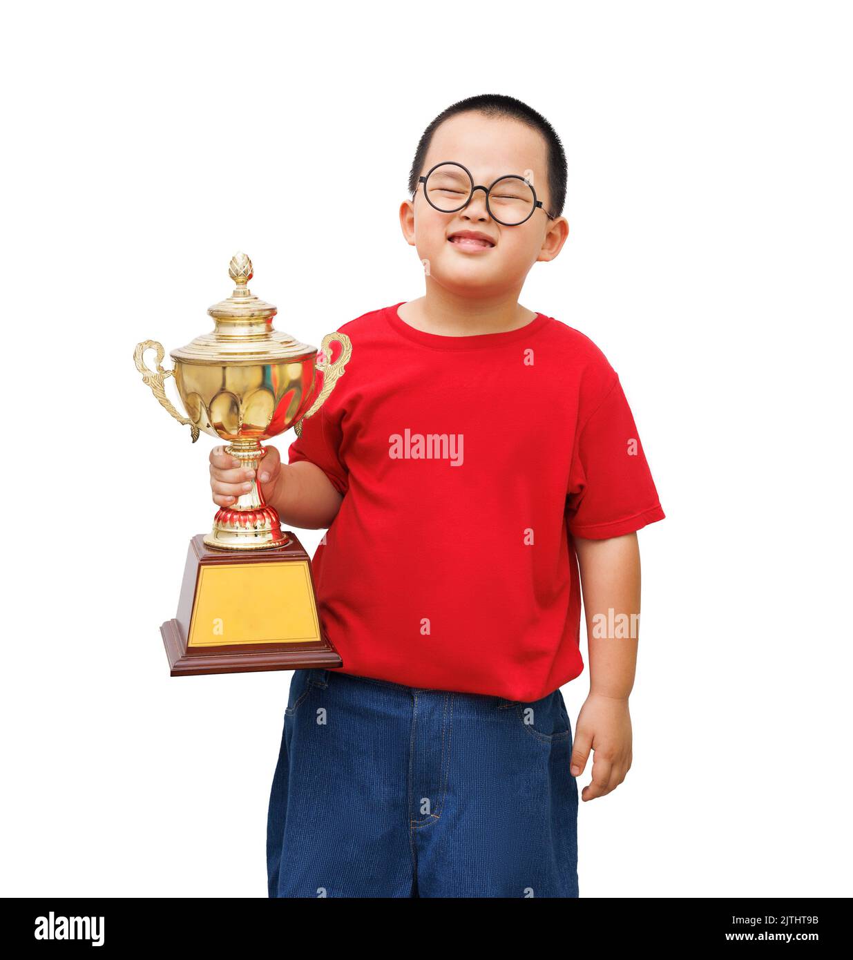 A smart boy holding a big trophy. Isolated on a white background Stock ...