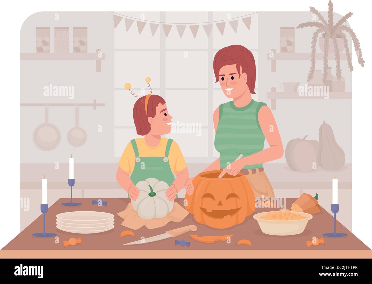 Carving pumpkins 2D vector isolated illustration Stock Vector Image ...