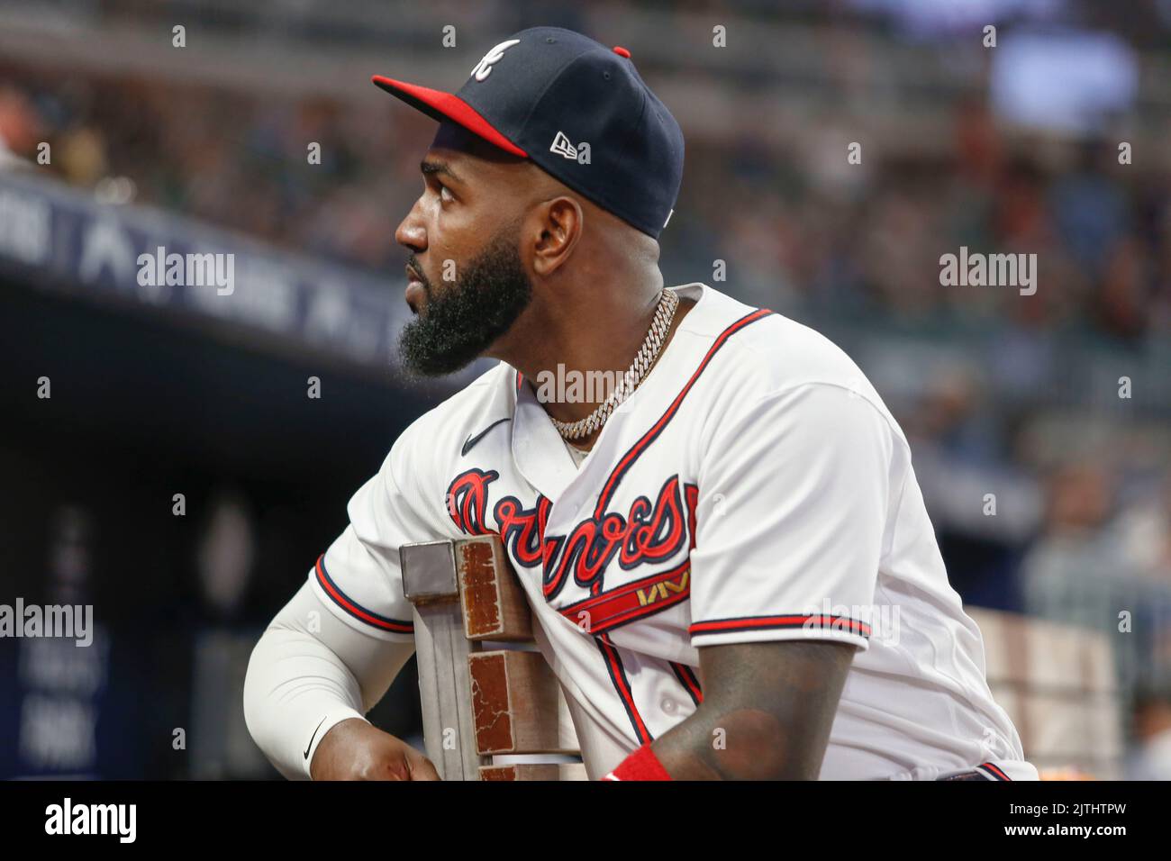 Atlanta, GA. USA; Atlanta Braves left fielder Marcell Ozuna (20) looks ...