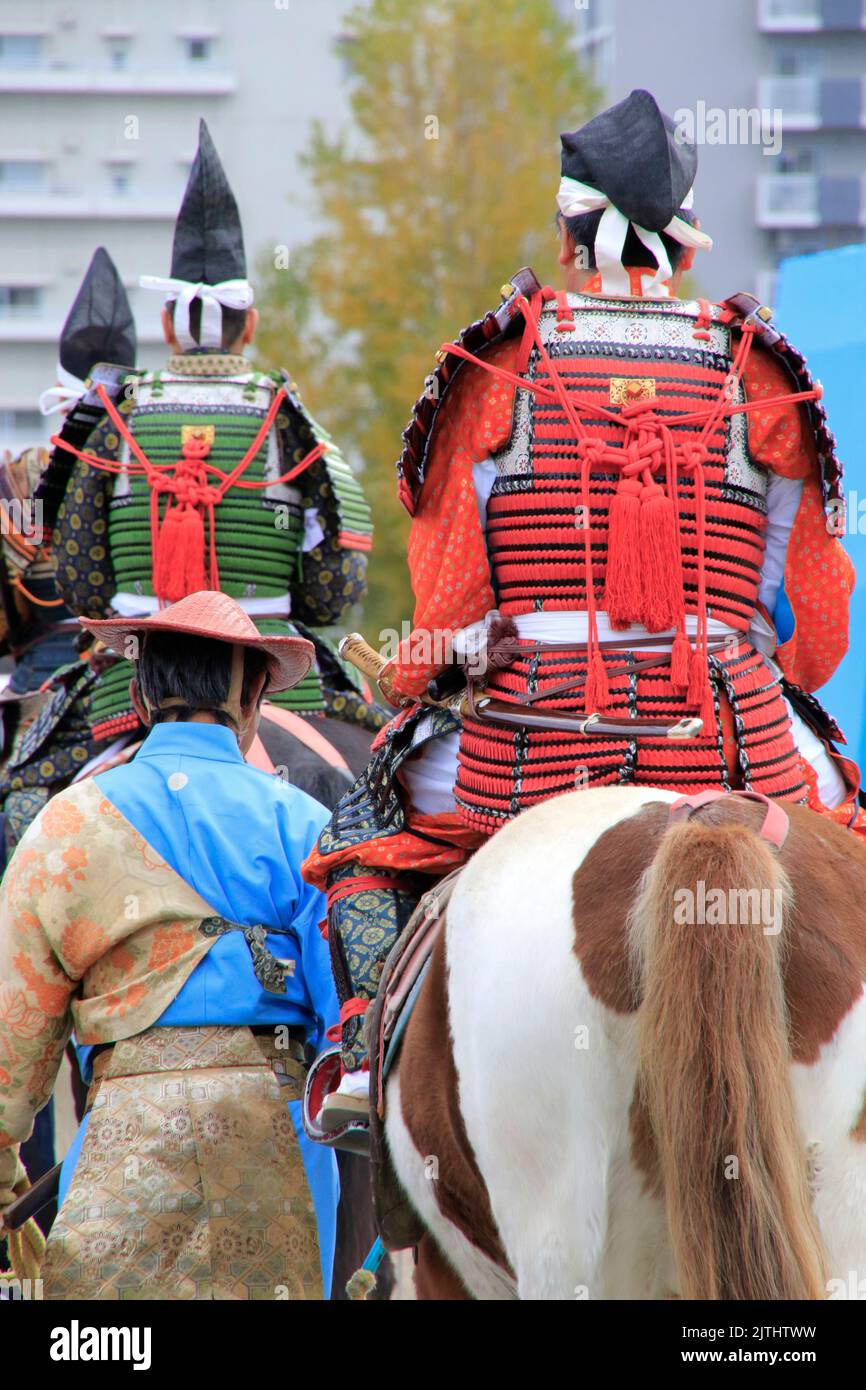 Armored Samurai warriors in procession at Yabusame event Stock Photo ...