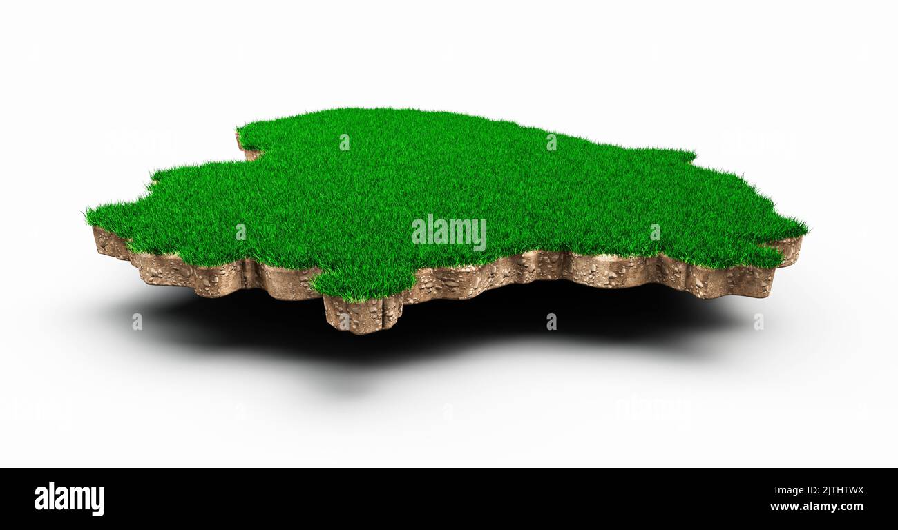 A 3D rendering of Lithuania map with green grass and rock ground ...