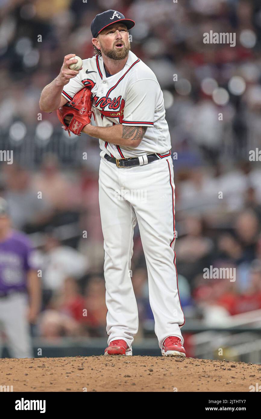Atlanta, GA. USA; Atlanta Braves relief pitcher Kirby Yates (22) looks ...
