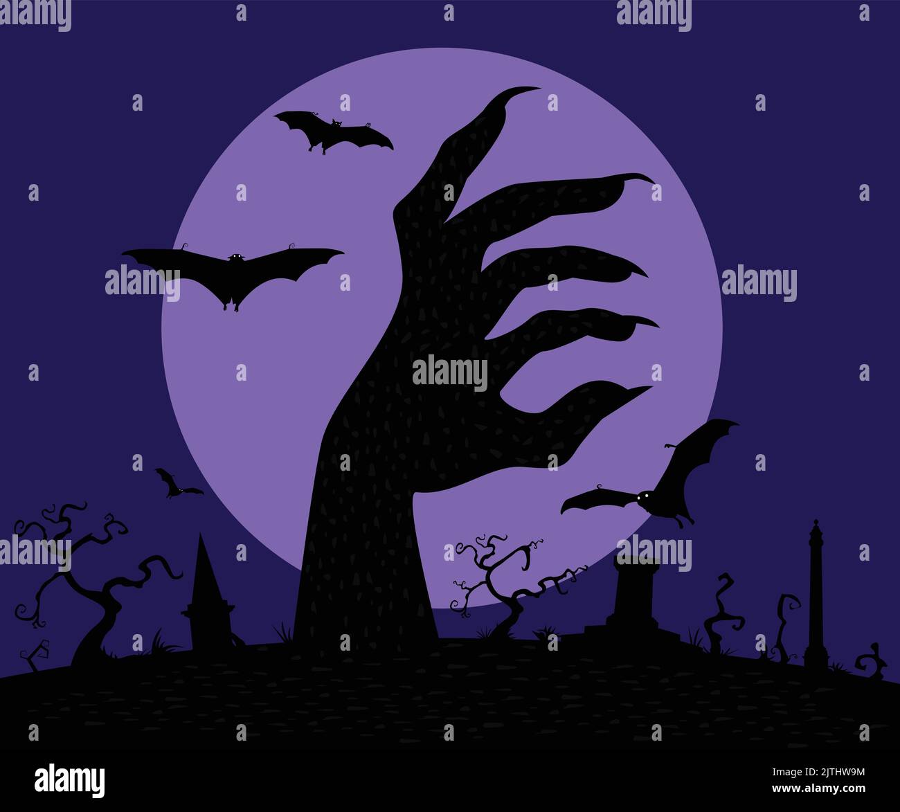 A scary Halloween landscape with a graveyard flying bats and a hand ...