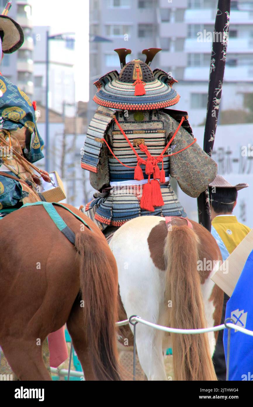 Horseback armored Samurai warrior in procession Stock Photo - Alamy