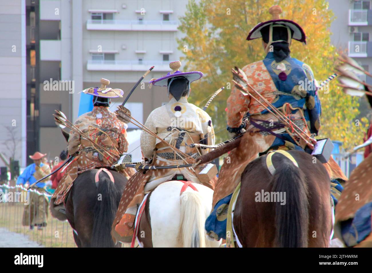 Horseback Samurai warriors in procession at Yabusame event Stock Photo ...
