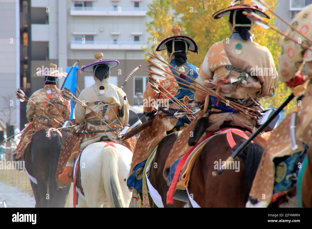 Horseback Samurai warriors in procession at Yabusame event Stock Photo ...