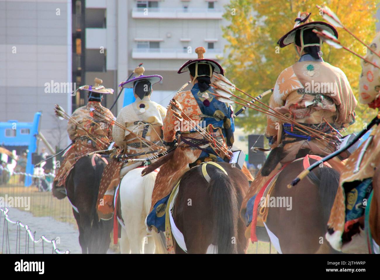 Horseback Samurai warriors in procession at Yabusame event Stock Photo ...
