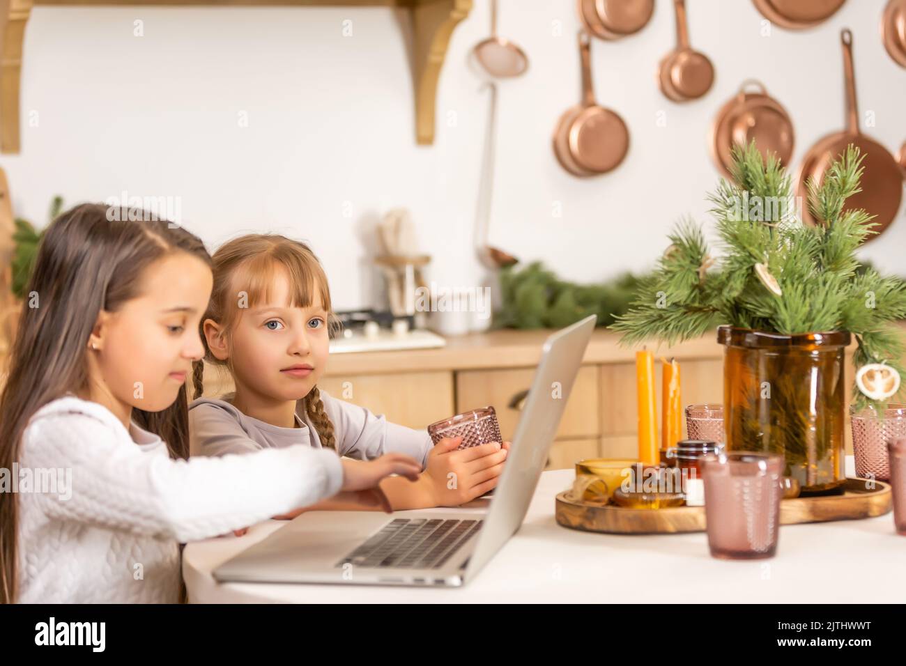 two little girls studying online. Distance Learning Online, e-learning ...