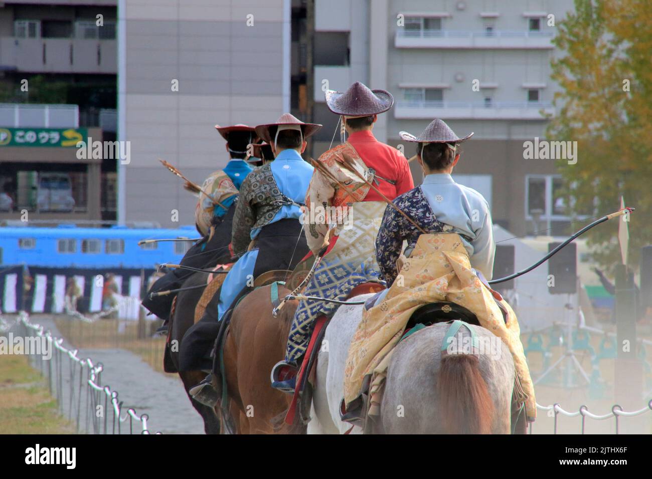 Horseback Samurai warriors in procession at Yabusame event Stock Photo ...