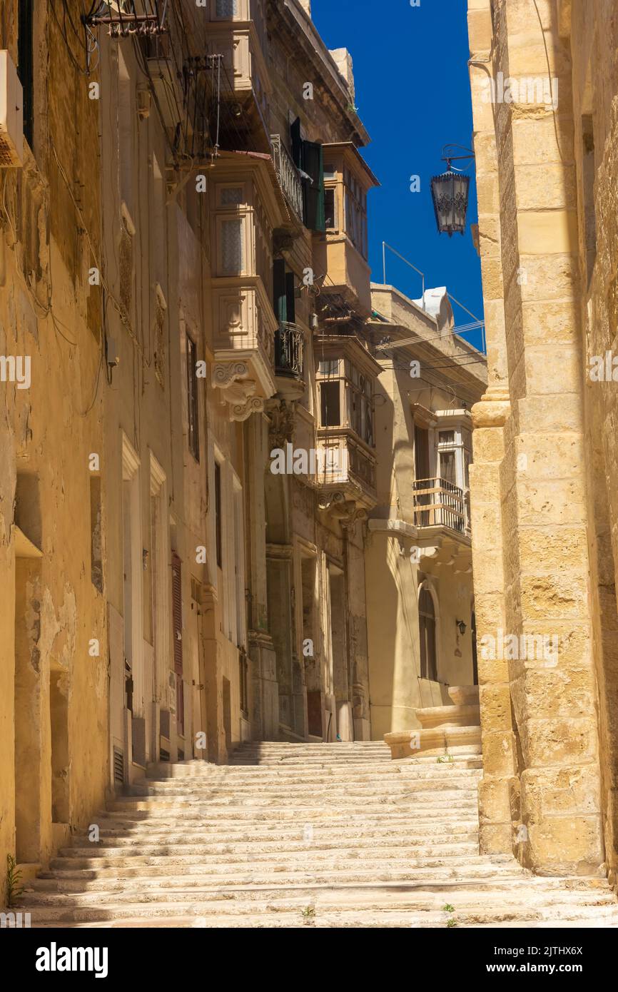 View of an ancient street in Birgu old town, one of the Three Cities of ...