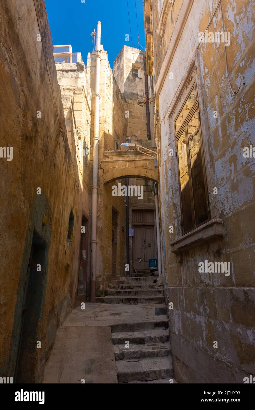 View of an ancient street in Birgu old town, one of the Three Cities of ...