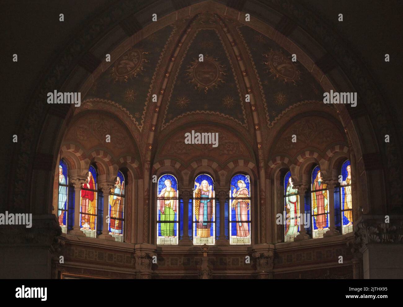 Neo-Gothic stained glass window in Lissone church, Monza, Lombardy ...