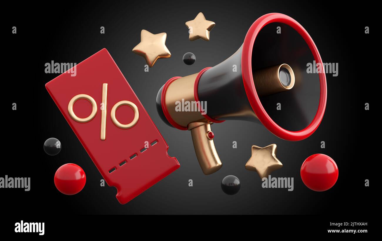 3d megaphone and coupon. Concept of shopping, discont and sales. High ...