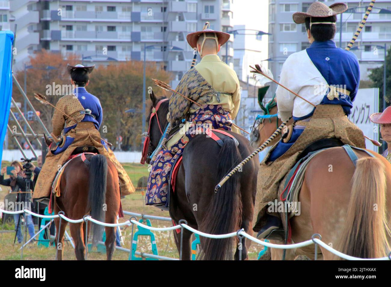 Horseback Samurai warriors in procession at Yabusame event Stock Photo ...