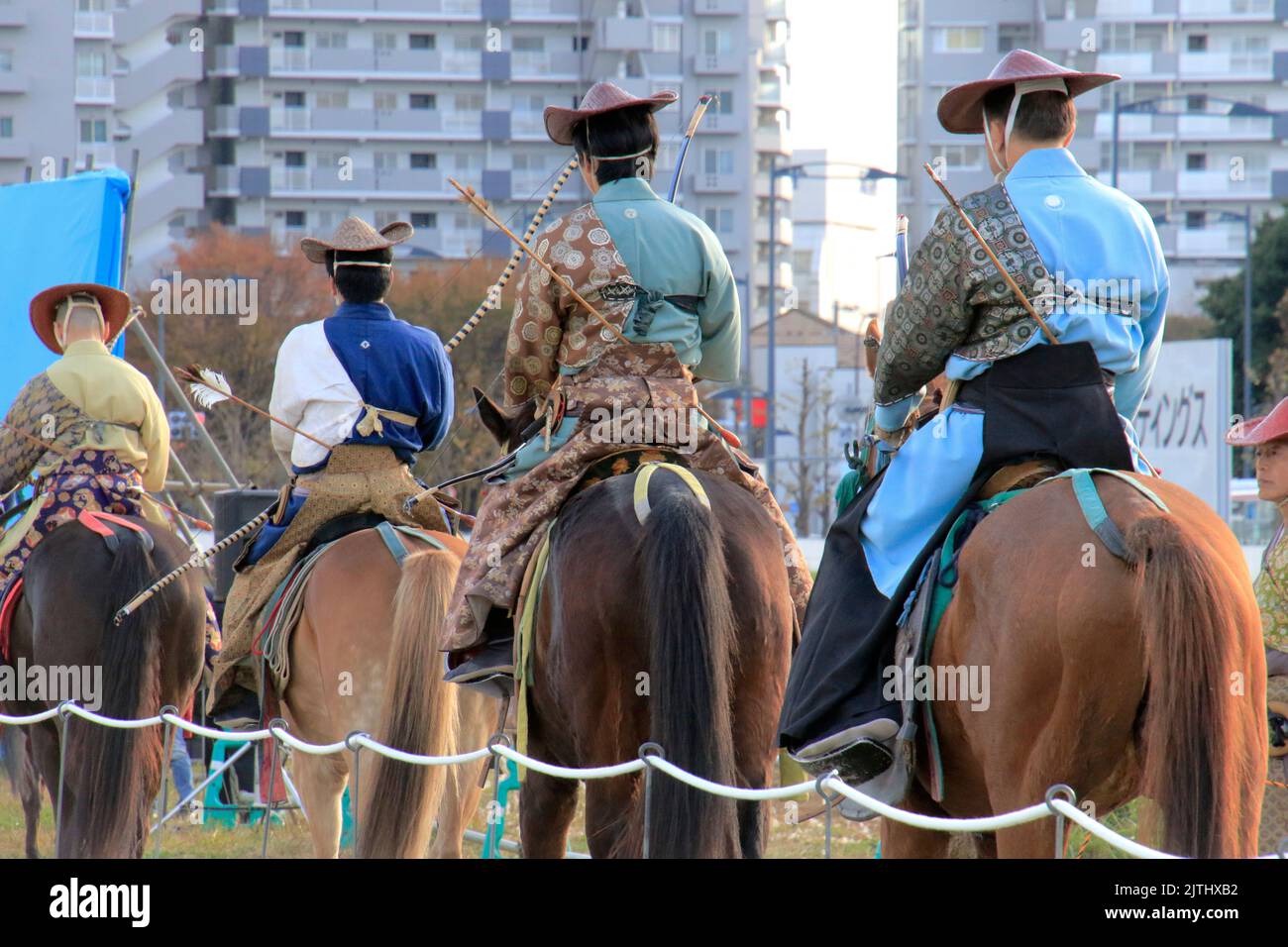Horseback Samurai warriors in procession at Yabusame event Stock Photo ...