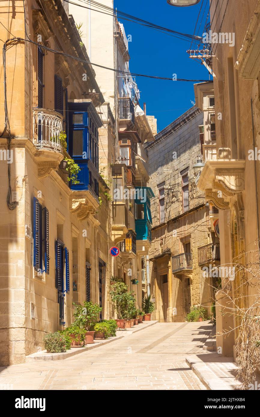 View of an ancient street in Birgu old town, one of the Three Cities of ...