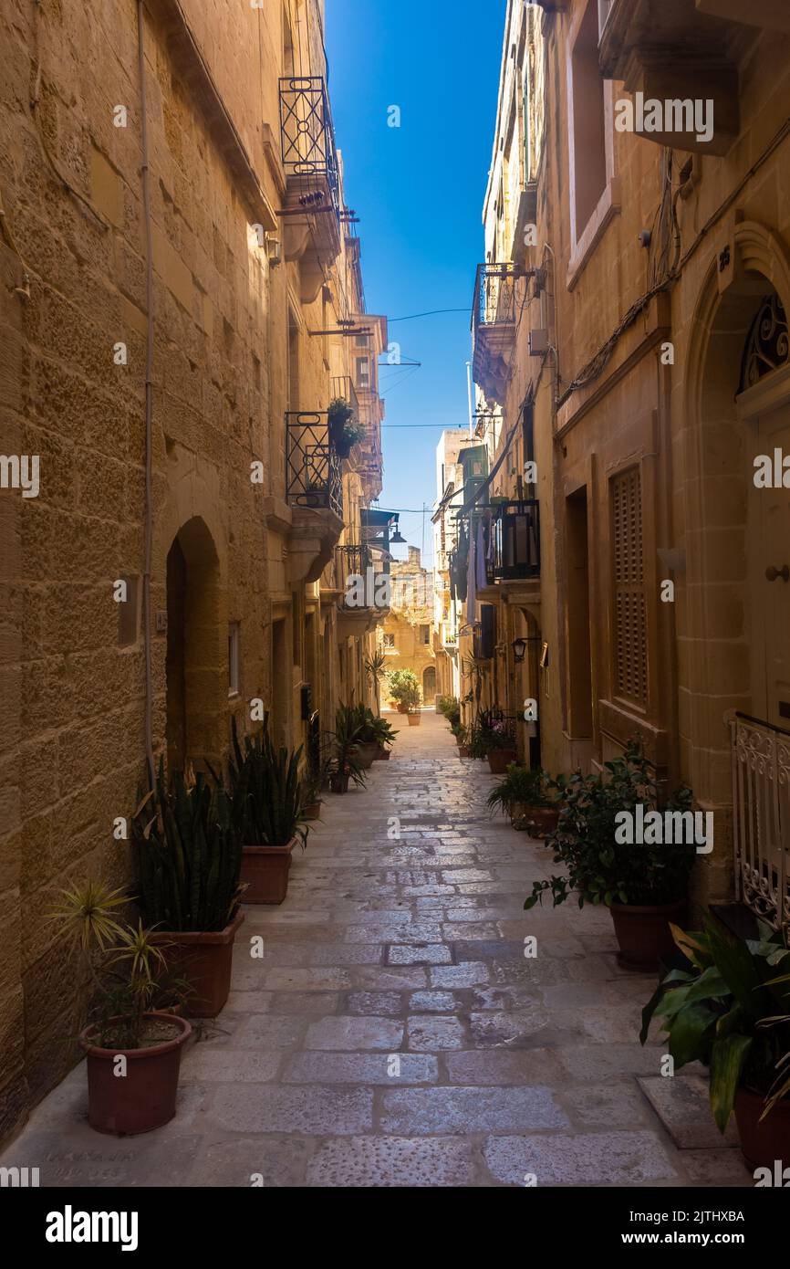 View of an ancient street in Birgu old town, one of the Three Cities of ...