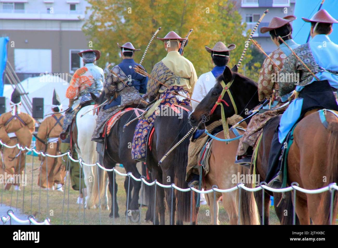 Horseback Samurai warriors in procession at Yabusame event Stock Photo ...