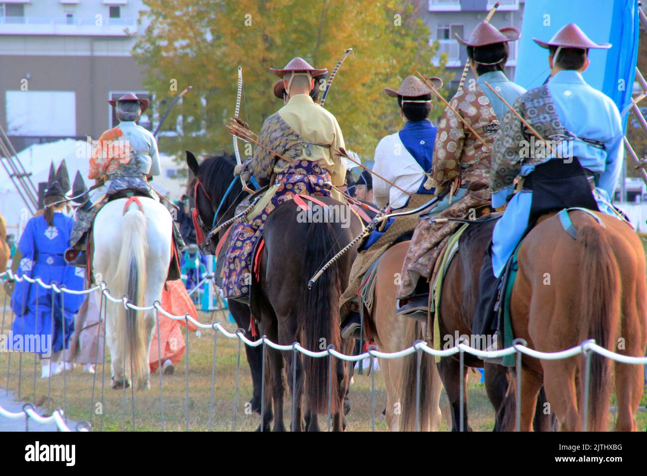 Horseback Samurai warriors in procession at Yabusame event Stock Photo ...