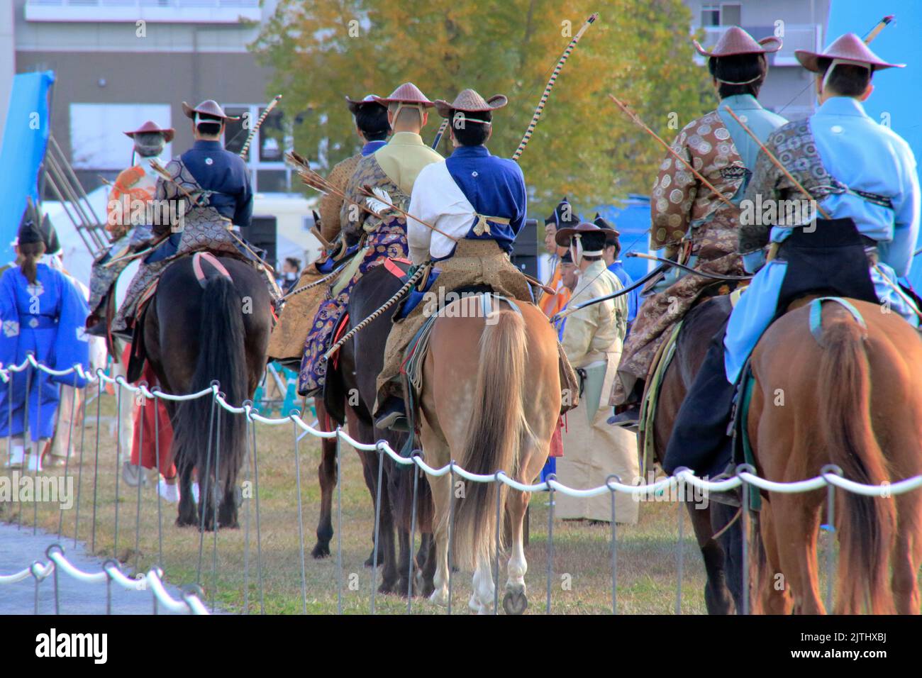 Horseback Samurai warriors in procession at Yabusame event Stock Photo ...
