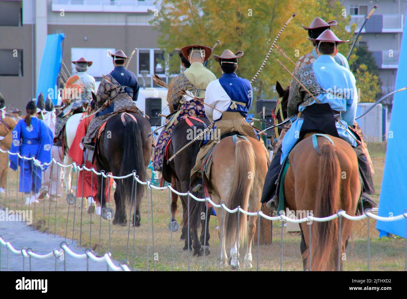 Horseback Samurai warriors in procession at Yabusame event Stock Photo ...
