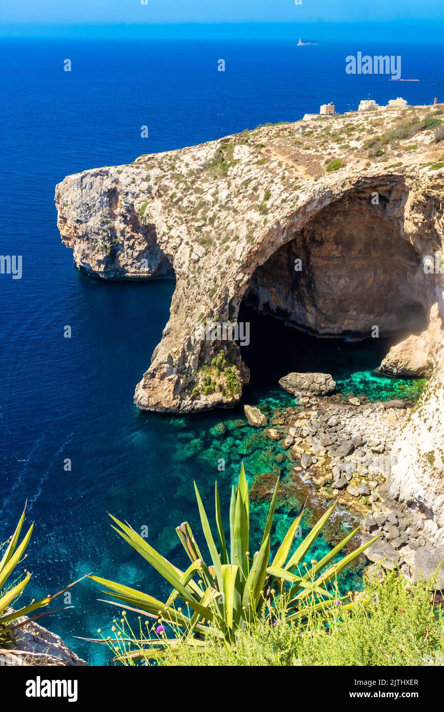 The Blue Grotto of Malta, rock formation on the sea with crystal clear ...