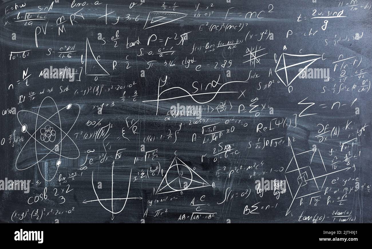 Blackboard inscribed with scientific formulas and calculations in ...