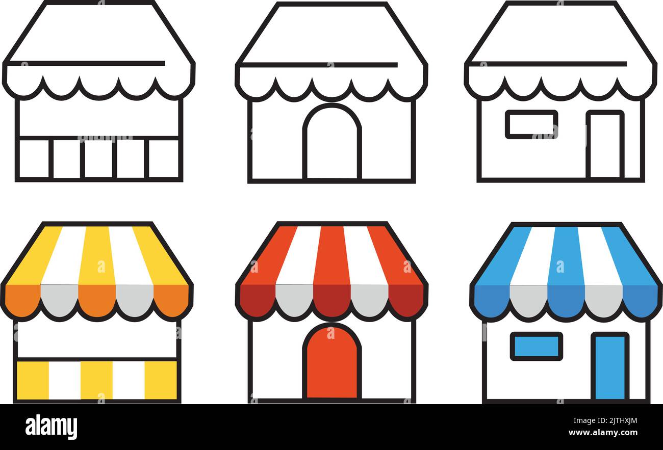 The cartoon-style pack of shops with different colors and details on ...