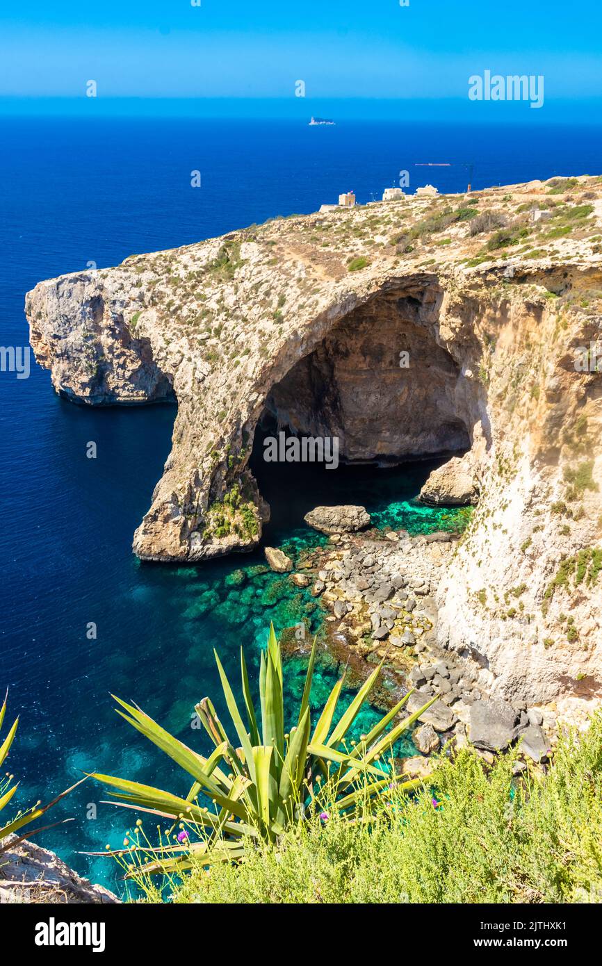 The Blue Grotto of Malta, rock formation on the sea with crystal clear ...