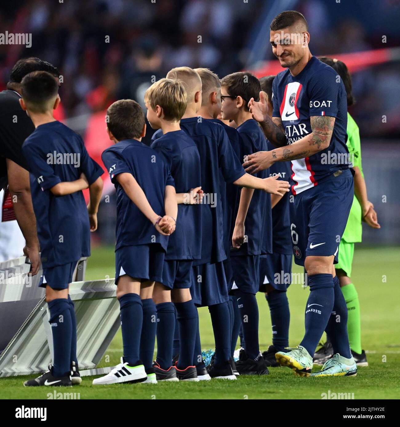 PARIS - Marco Verratti of Paris Saint-Germain greets the kids in the ...