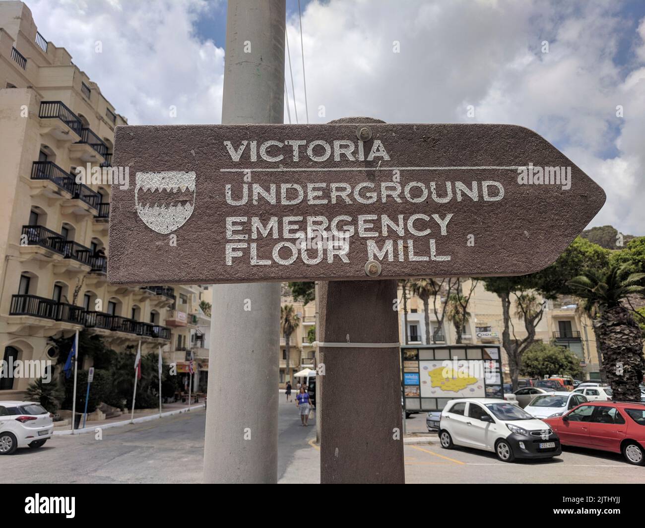 Sign pointing to the Underground Emergency Flour Mill, Victoria, Gozo ...
