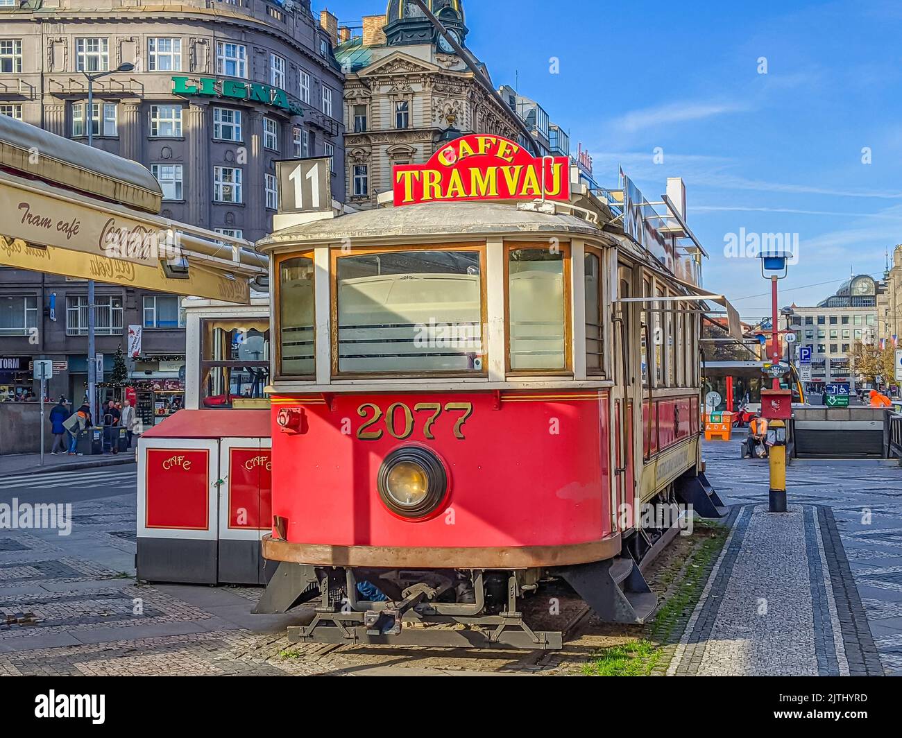 Tramcar converted into a café, Wenseslas Square, Prague, Czech Republic ...