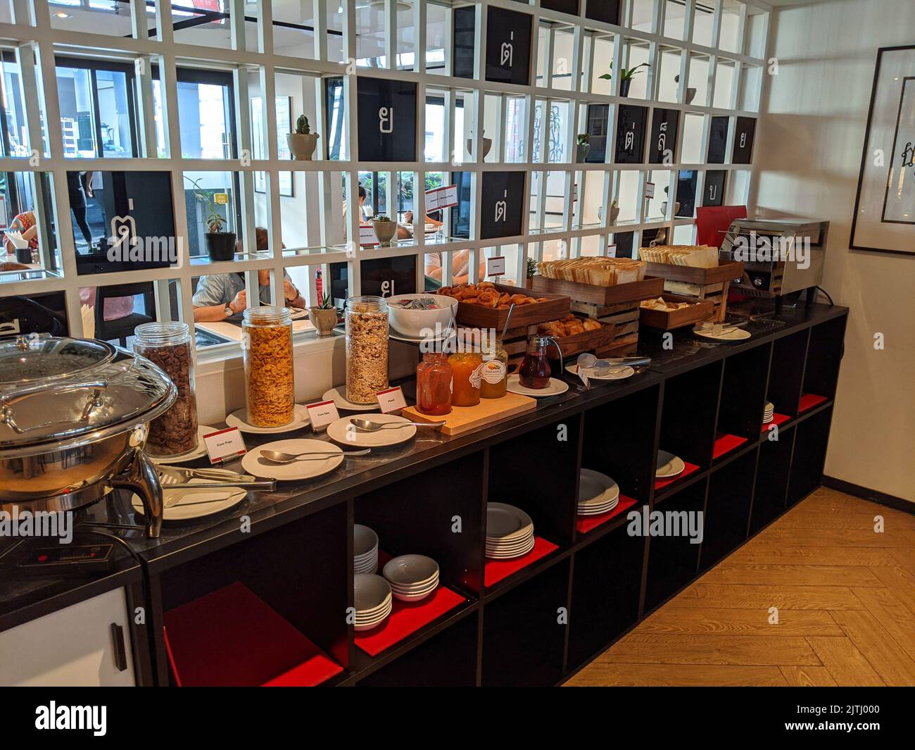 Food and drinks on offer in the buffet section of the business lounge ...
