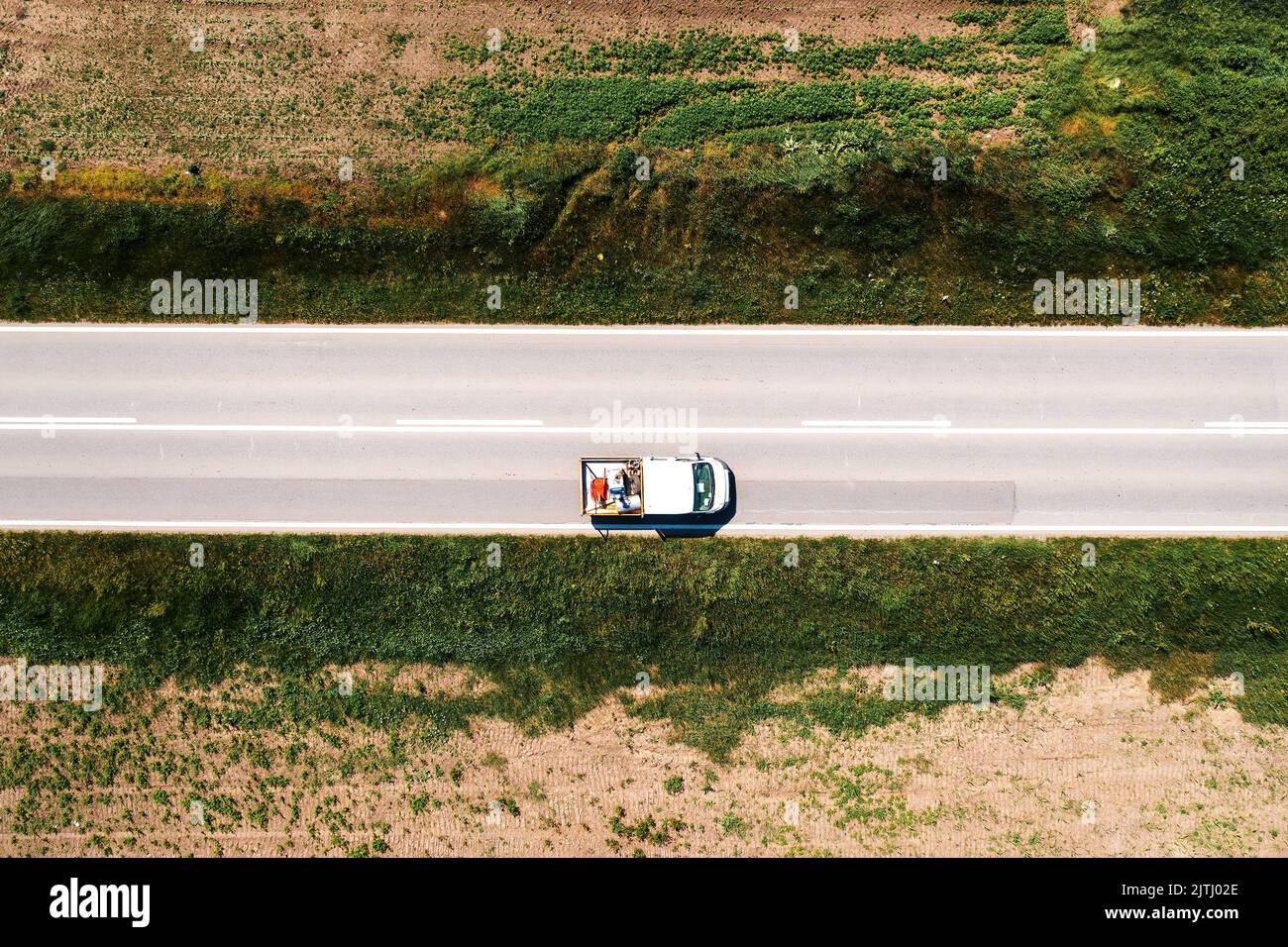 Aerial shot of construction industry contractor lorry truck with ...