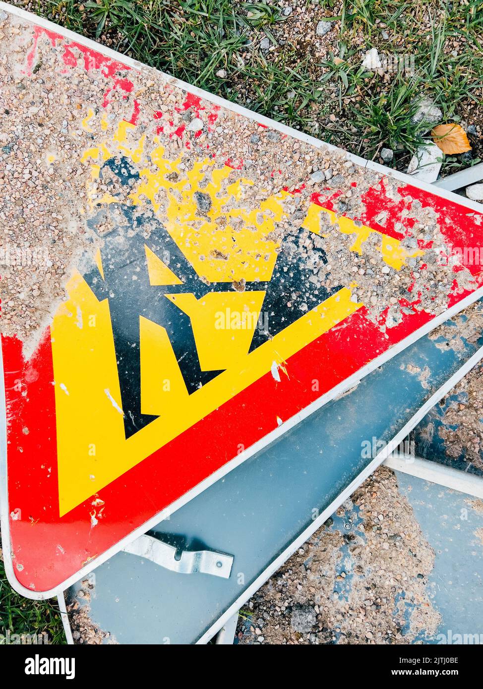European road works sign on the ground, top view Stock Photo - Alamy