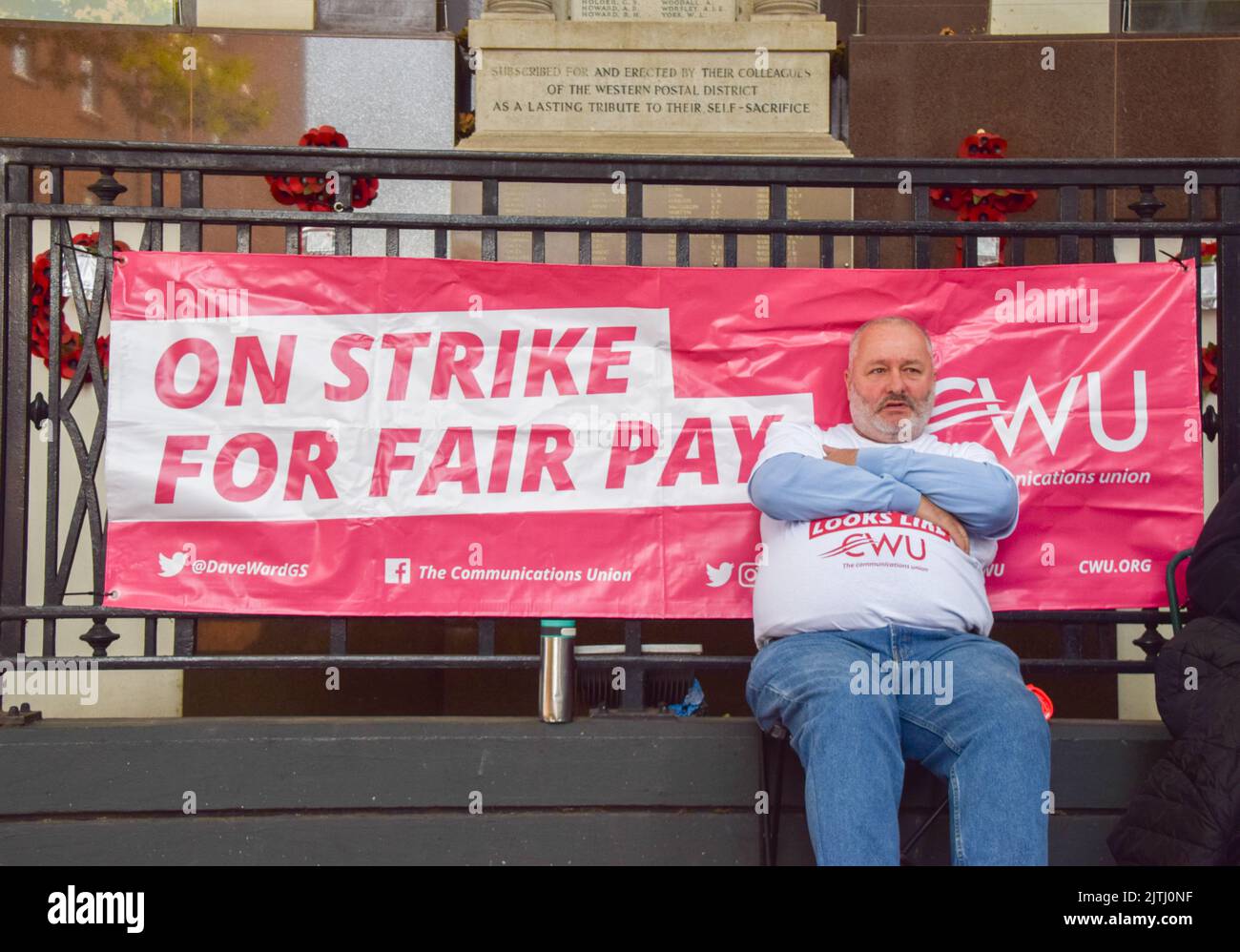 London, England, UK. 31st Aug, 2022. A union member sits at the Royal ...