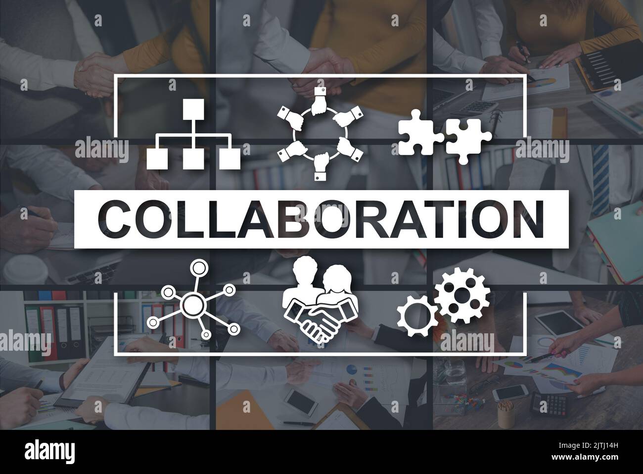 Collaboration concept illustrated by pictures on background Stock Photo ...