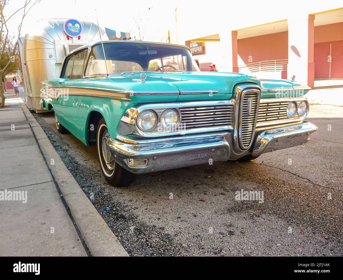 1958 Ford Edsel towing a stainless steel caravan Stock Photo - Alamy
