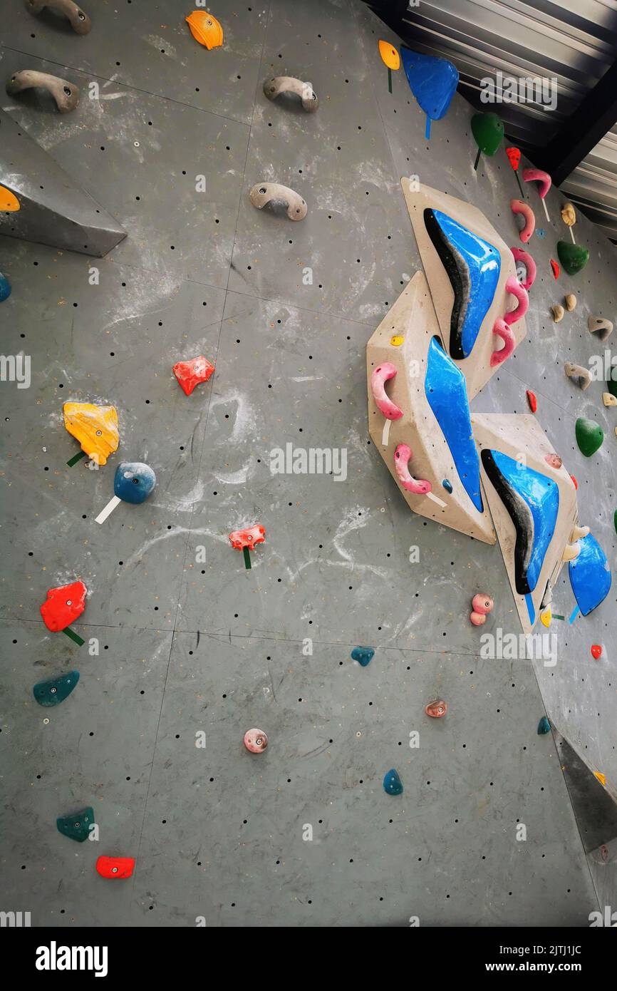 Artificial rock climbing bouldering wall showing various colored grips ...