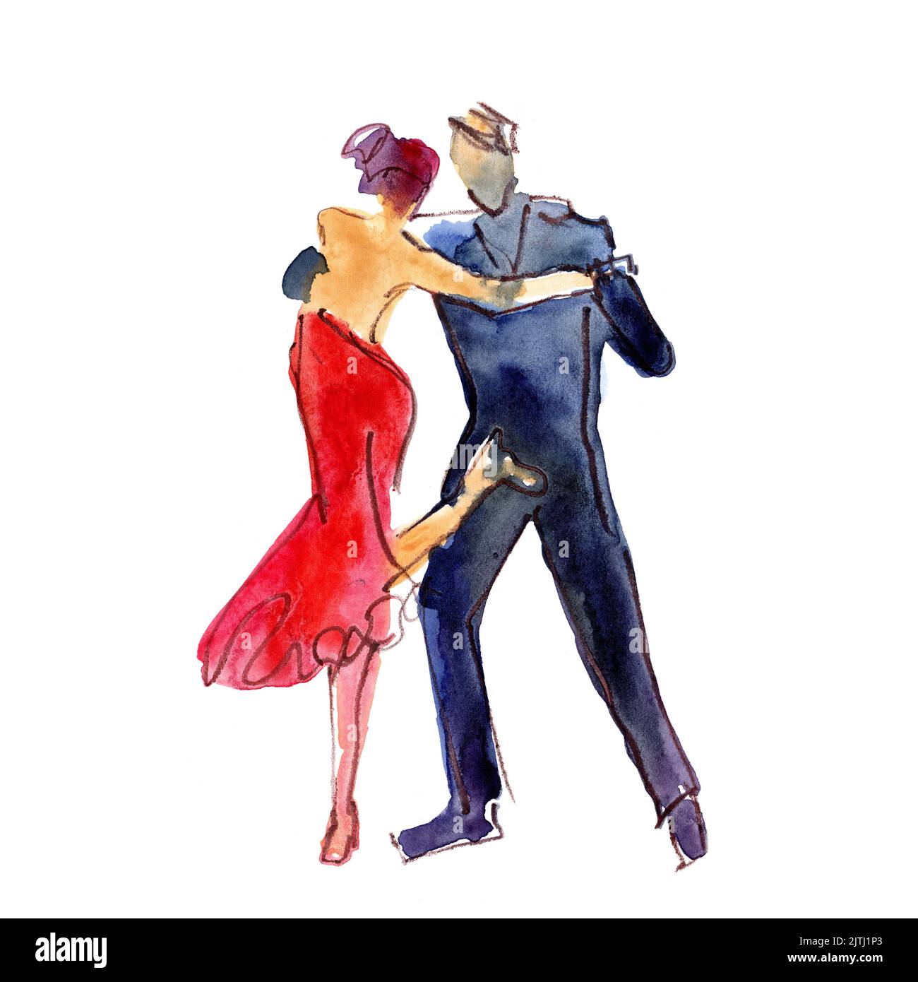 Watercolor Illustration Couple Man And Woman Dancing Tango Stock